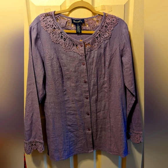 Denim&Co | Tops | Denimco Linen Top Crochet Yoke Cuffs Lavender | Poshmark